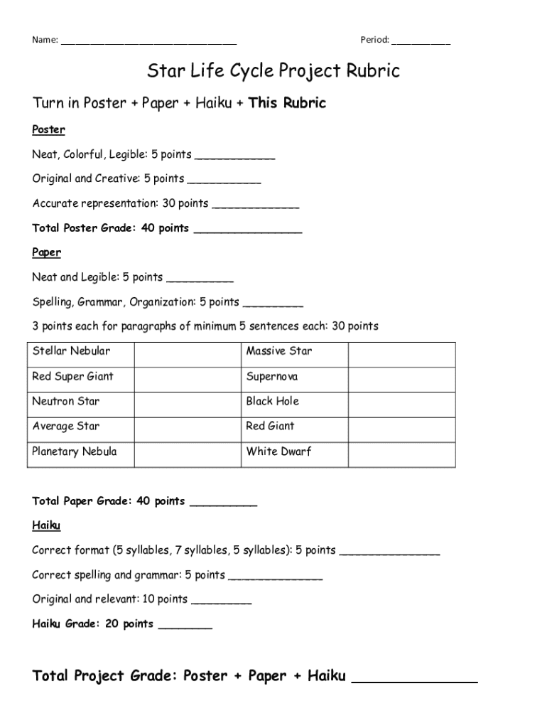 Fillable Online Star Life Cycle Project Rubric Fax Email Print - pdfFiller