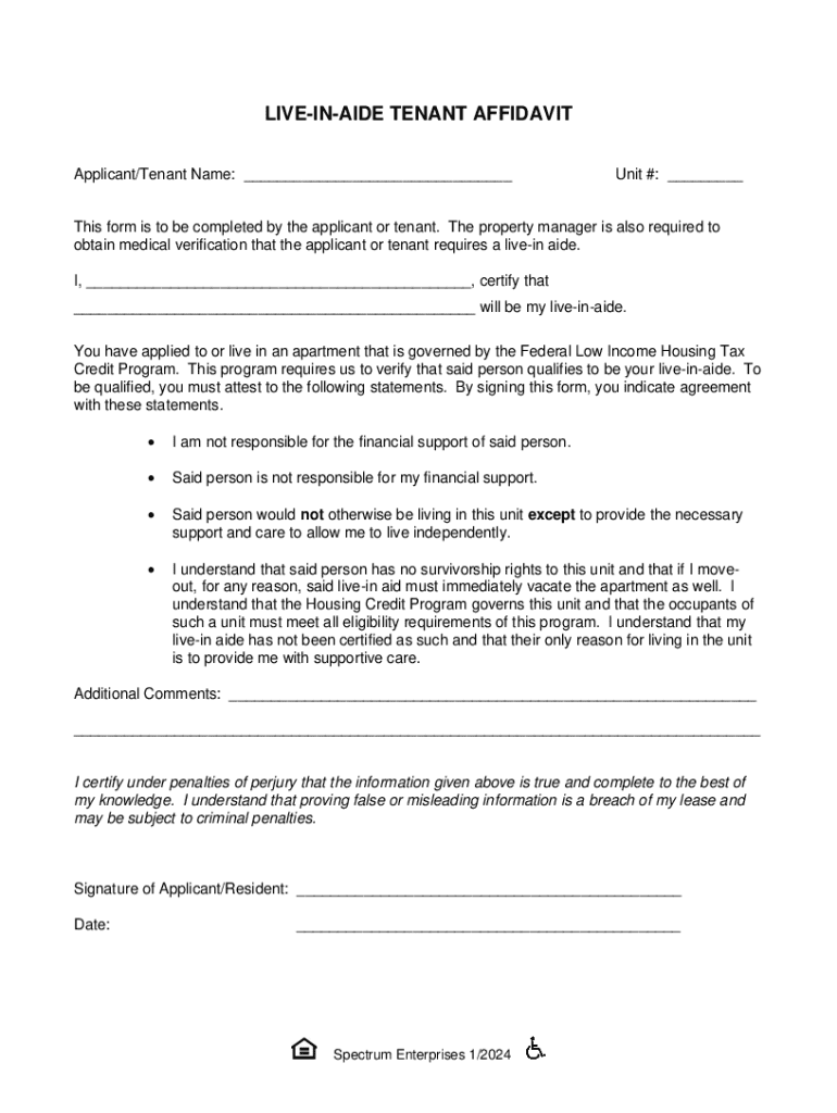 Fillable Online Live-in-Aide Tenant Affidavit - Spectrum Enterprises ...