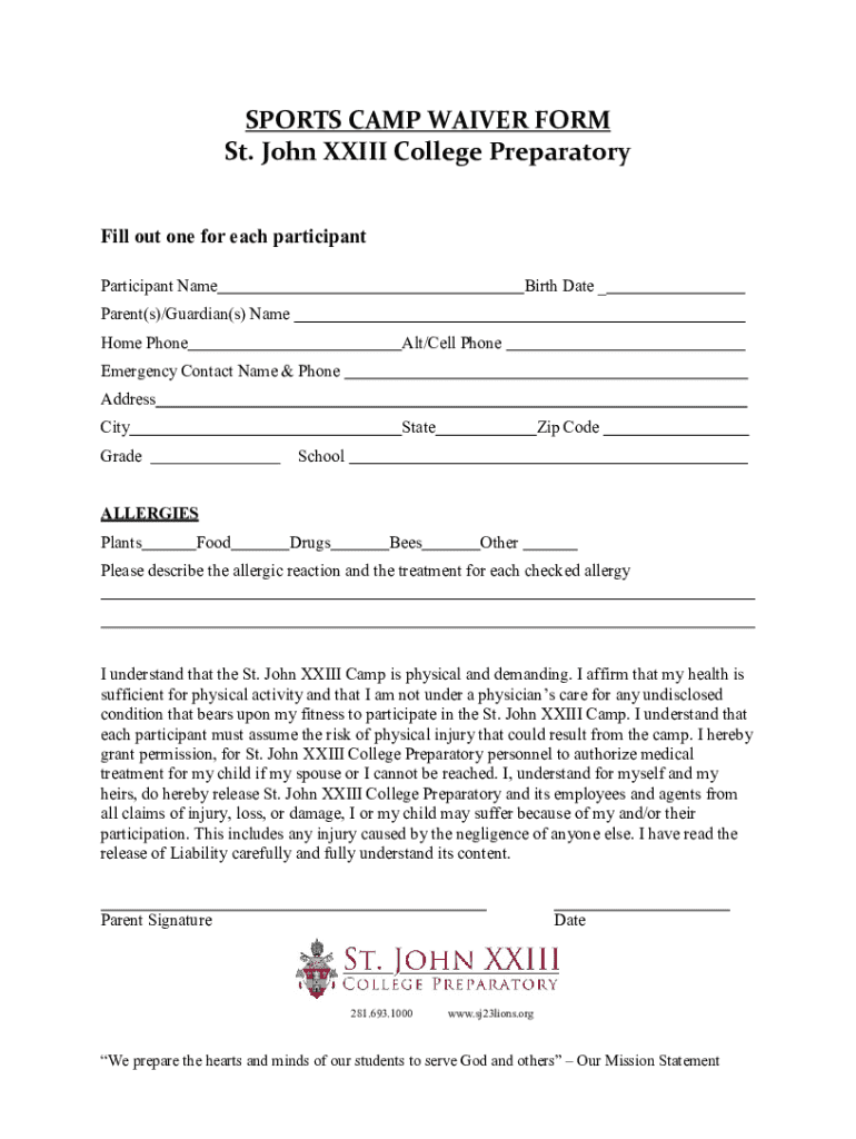 Fillable Online SPORTS CAMP WAIVER FORM St. John XXIII College ... Fax ...
