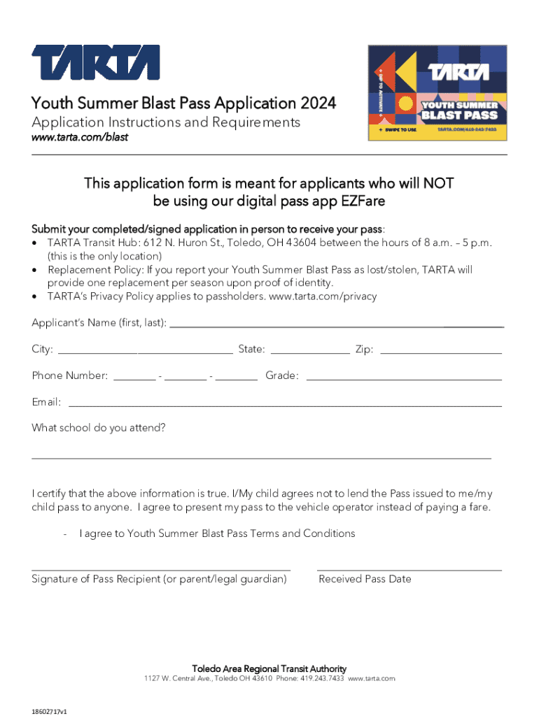 Fillable Online Youth Summer Blast Pass Application Fax Email Print ...