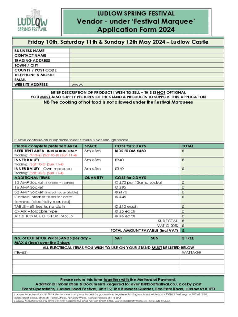 Fillable Online vendor, under festival marquee, inside castle- exh ...