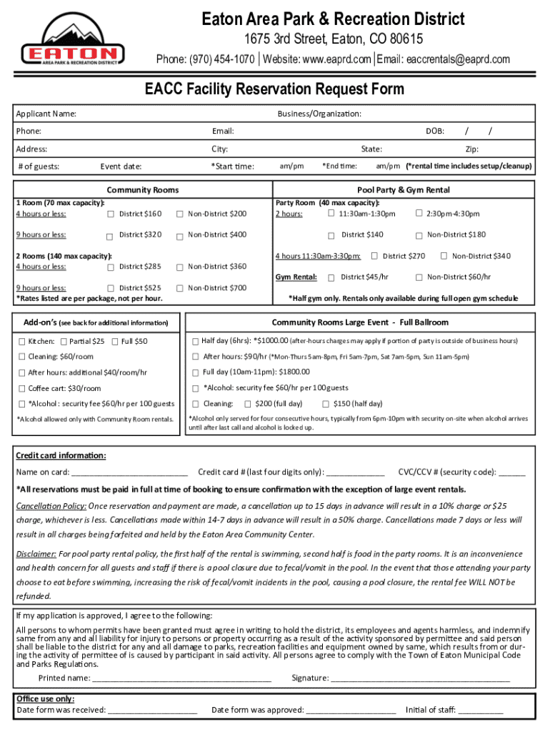 Fillable Online Hours of Operation - Eaton Area Park and Recreation ... Fax Email Print - pdfFiller