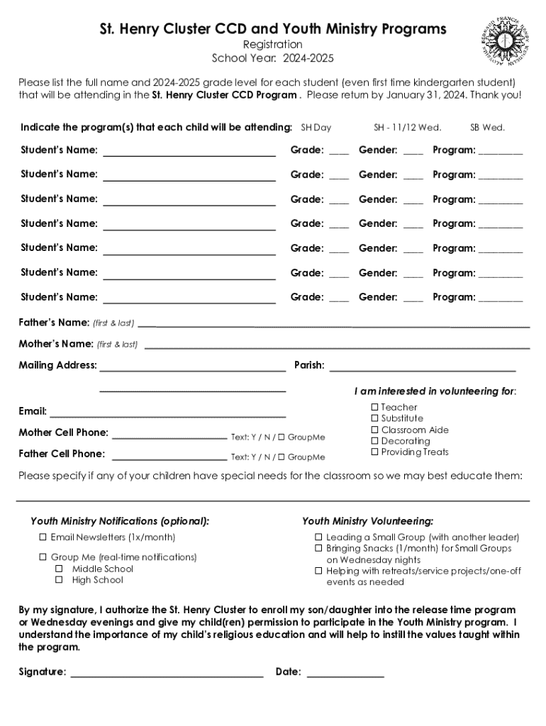Fillable Online Saint Henry Catholic Church ANNUAL CCD Registration ...