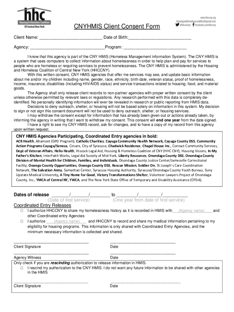 Fillable Online CNY HMIS Client Consent Form Fax Email Print - pdfFiller