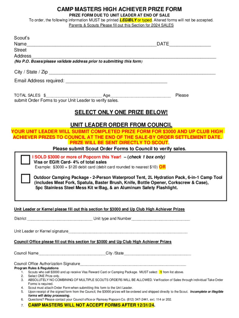 Fillable Online Fillable Online CAMP MASTERS HIGH ACHIEVER PRIZE FORM ... Fax Email Print ...