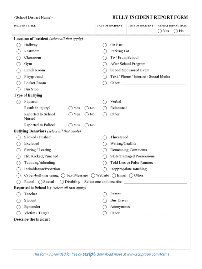 Fillable Online Bully Incident Report Form v1.docx Fax Email Print ...