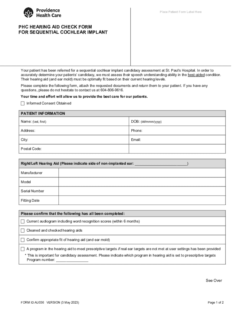 Fillable Online phc hearing aid check form for initial cochlear implant ...