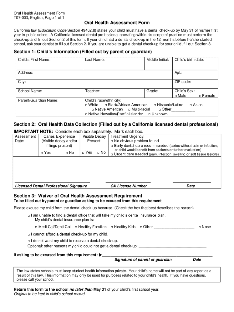 Fillable Online Oral Health Assessment To ensure your child is ready ...