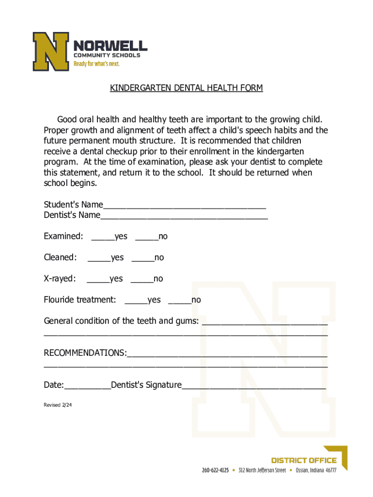 Fillable Online kindergarten dental health form Fax Email Print - pdfFiller