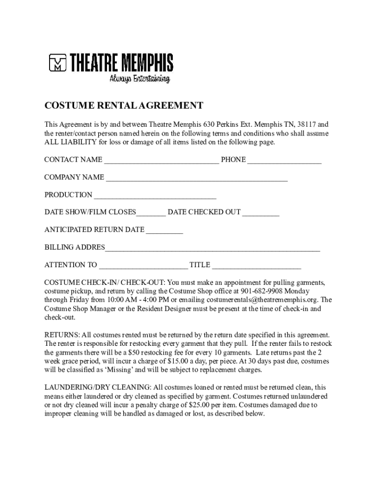 Fillable Online Fillable Online Costume Rental Agreement Costume Rental ...