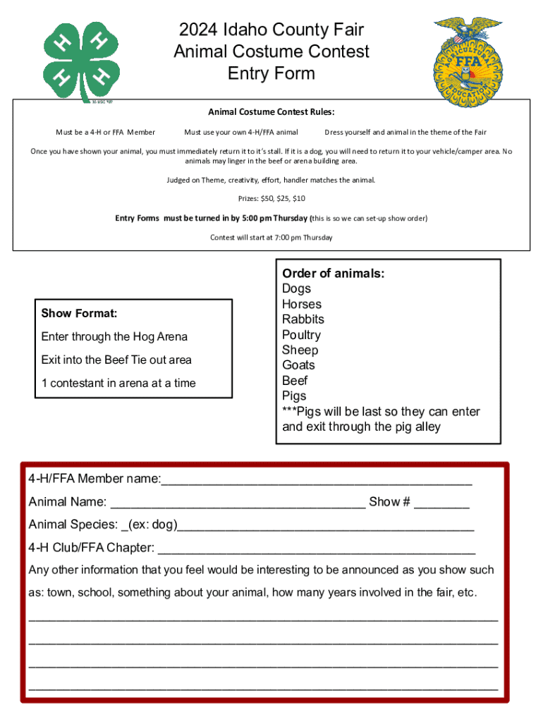 Fillable Online 2024 Idaho County Fair Animal Costume Contest Entry ...