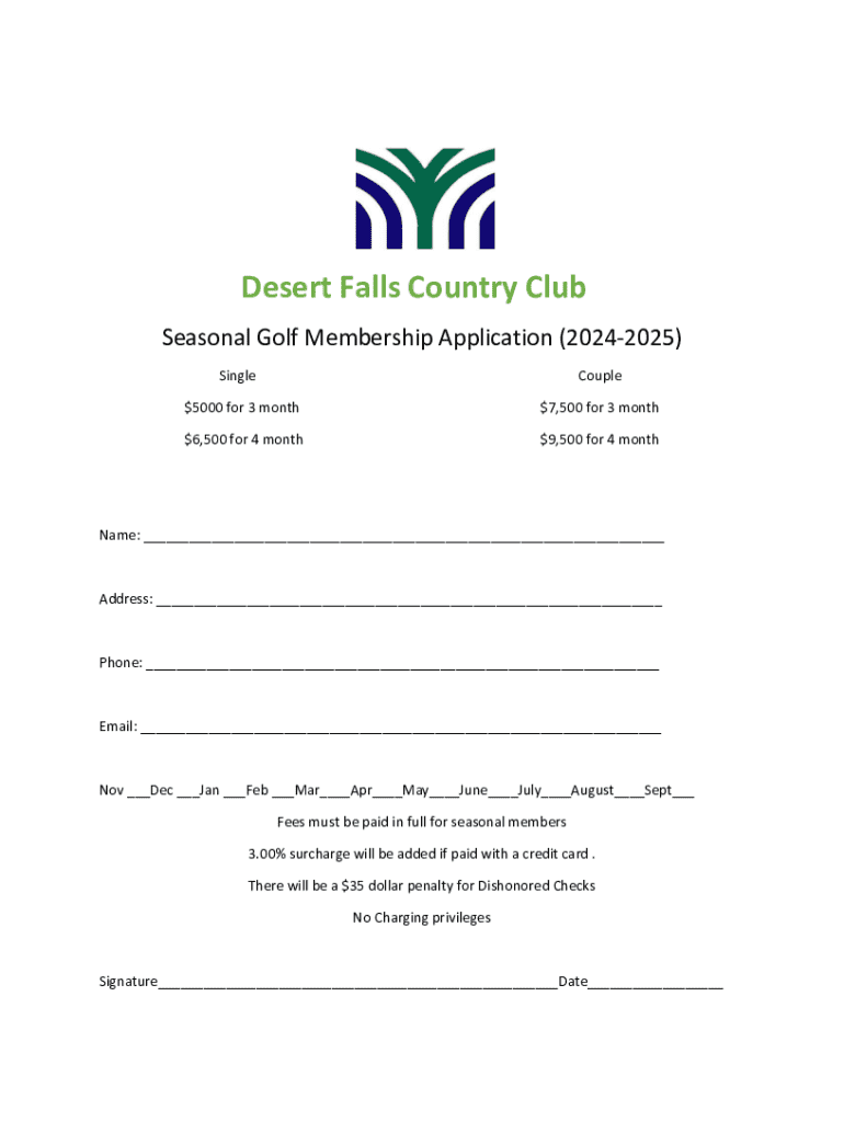 Fillable Online Seasonal Golf Membership Application (2024-2025) Fax ...