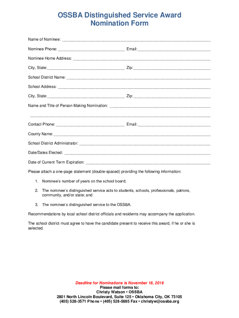 Fillable Online OSSBA Honors All-State Board and Distinguished Service ...