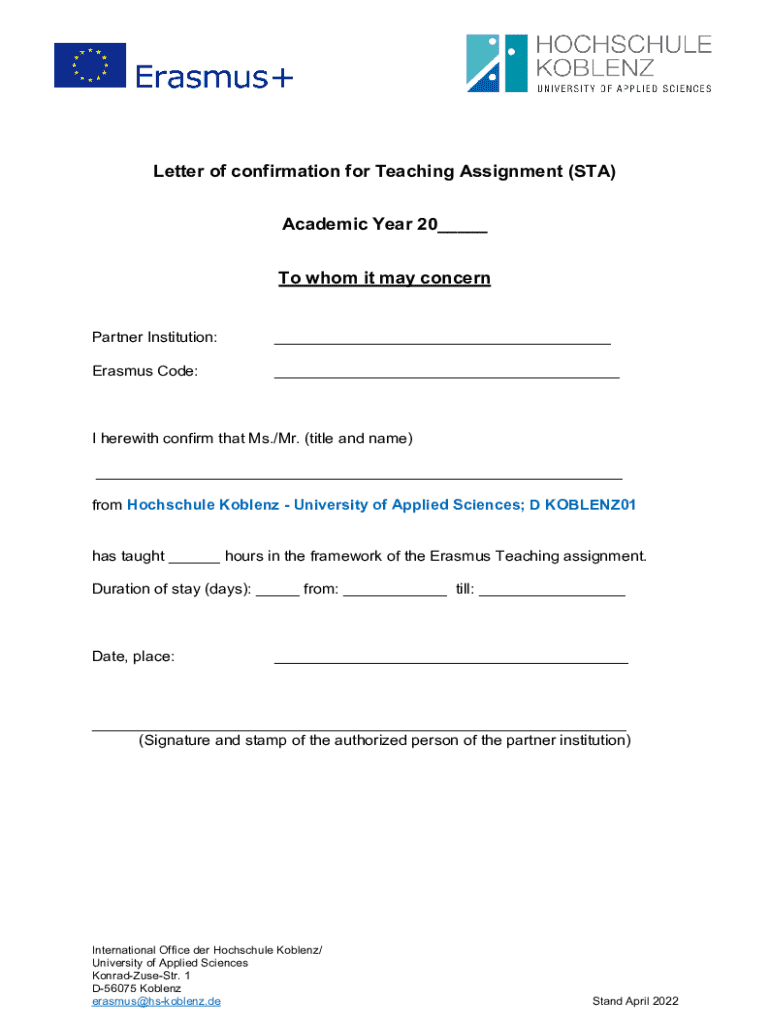 Fillable Online Letter of confirmation for Teaching Assignment (STA ...