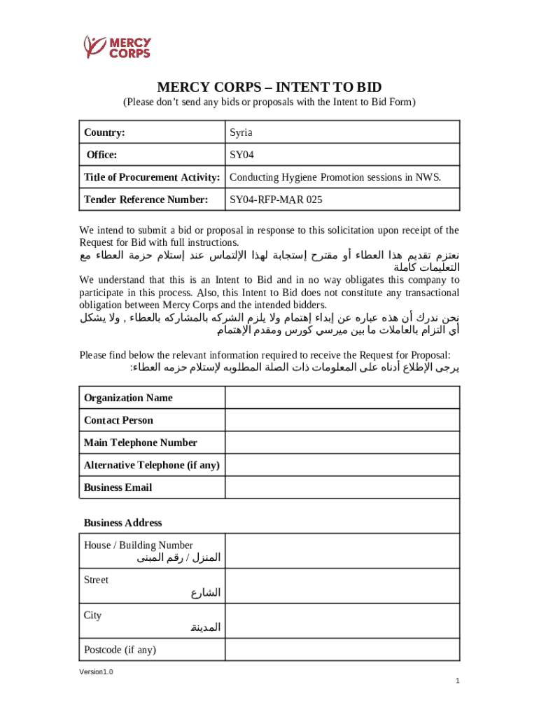 Intent to Bid REF# SY04-RFP-MAR025 for Hygiene ... Doc Template | pdfFiller