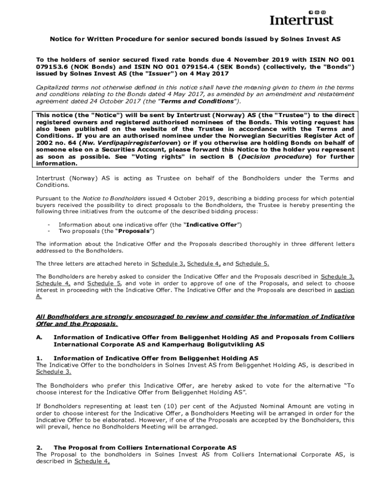 Fillable Online Notice for Written Procedure for senior secured bonds ...