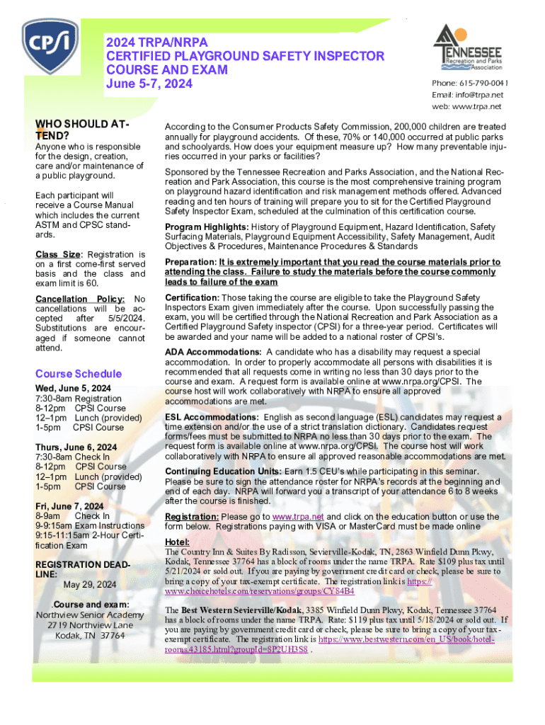 Fillable Online Certified Playground Safety Inspector Course & Exam in ...