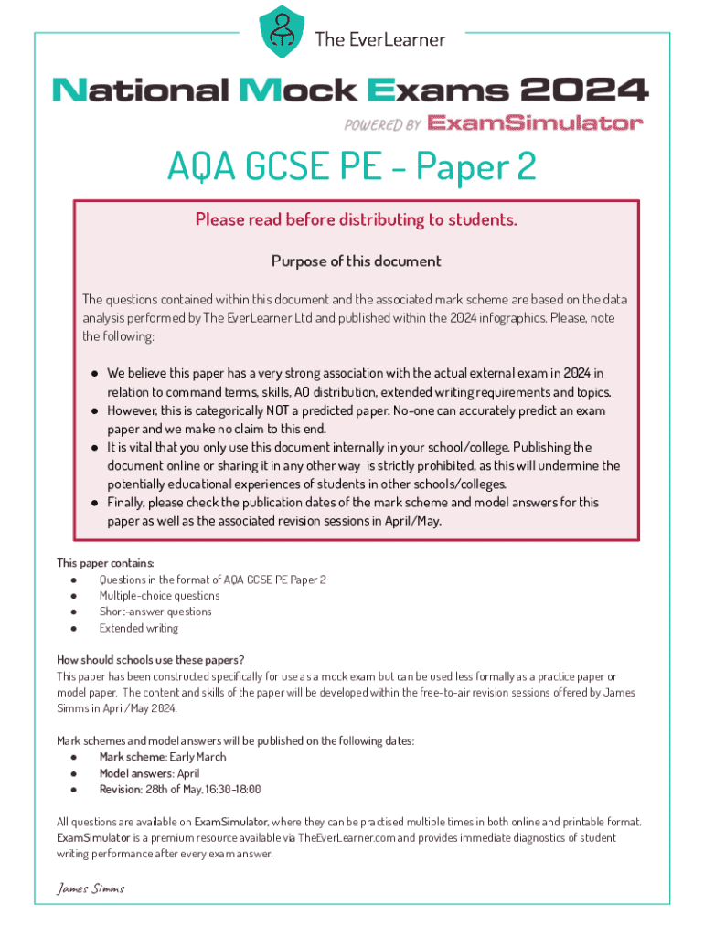 Fillable Online GCSE Physical Education Specimen mark scheme Paper 2 ...