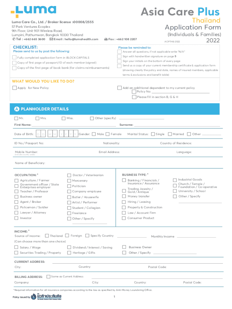 Fillable Online 68095Luma Asia Care Plus THB.- Application Form 2017 ...