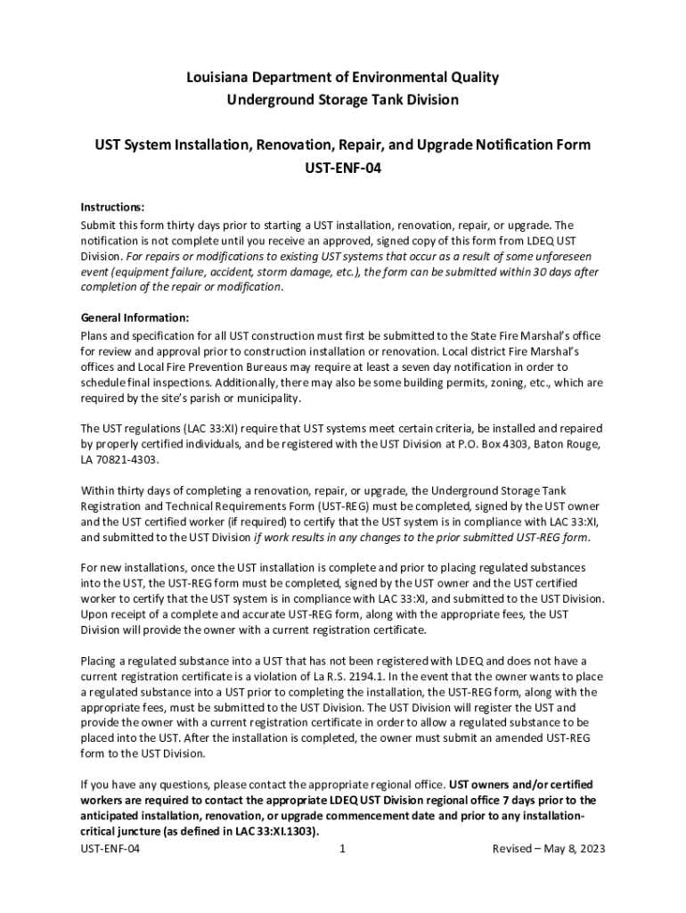 Fillable Online UST System Installation, Renovation, Repair, and Upgrade Notification Form Fax ...
