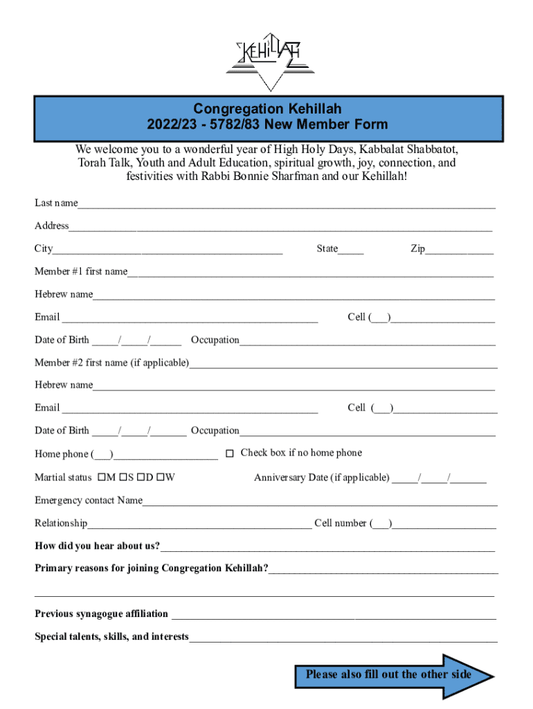 Fillable Online Congregation Kehillah 2022/23 - 5782/83 New Member Form Fax Email Print - pdfFiller