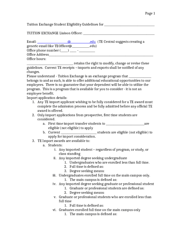 Tuition Exchange Student Eligibility Guidelines ... Doc Template ...