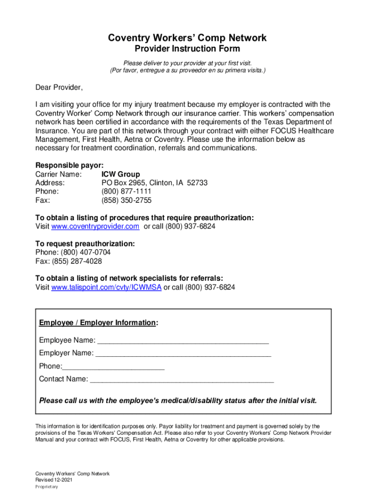 Fillable Online Coventry Workers\' Comp Network - Provider Instruction ...