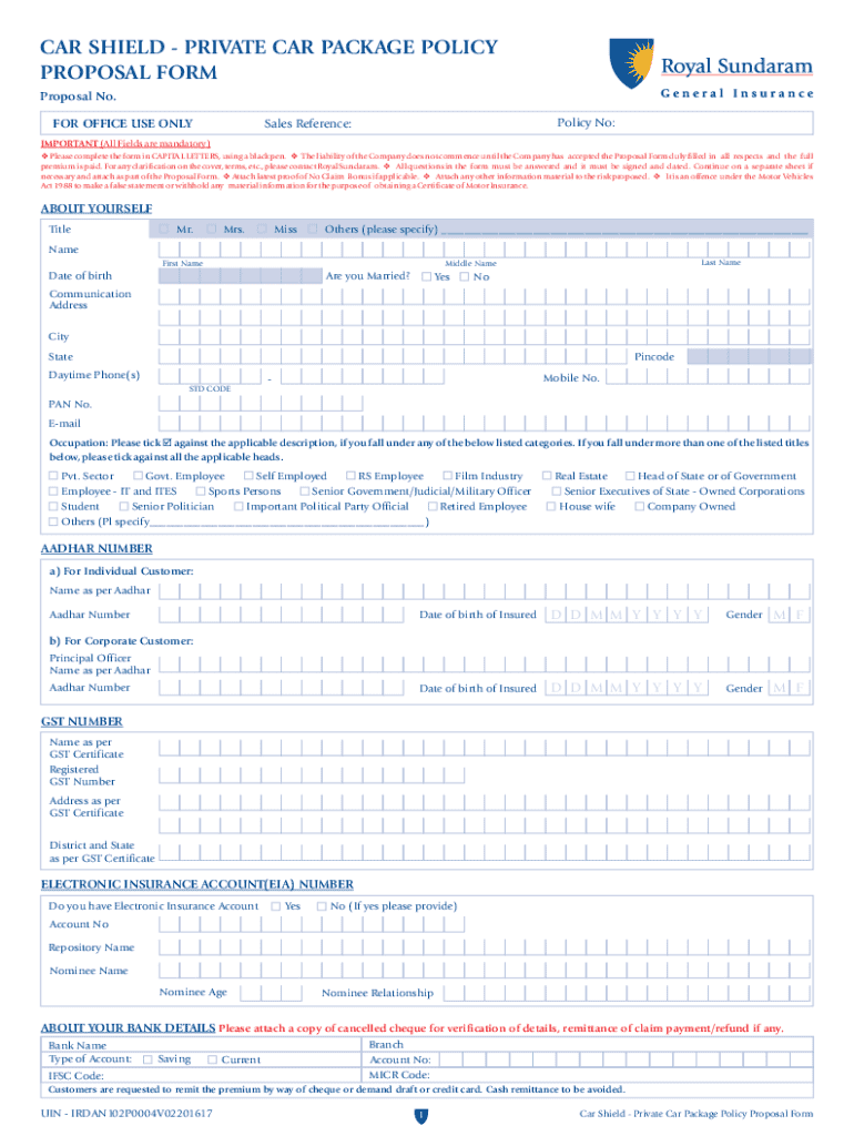 Fillable Online Car Shield - Private Car Package Policy Proposal Form ...