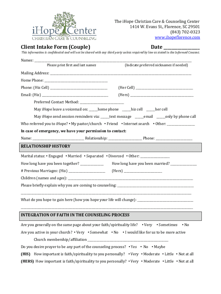 Fillable Online Client Intake Form (Couple) Date - Florence - iHope Fax ...