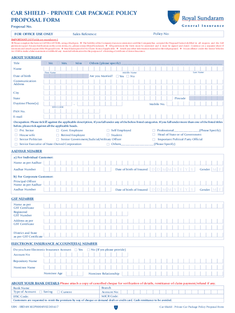 Fillable Online PRIVATE CAR PACKAGE POLICY PROPOSAL FORM Fax Email ...