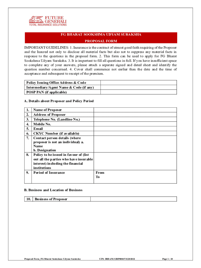 Fillable Online fg bharat laghu udyam suraksha proposal form - Future ...