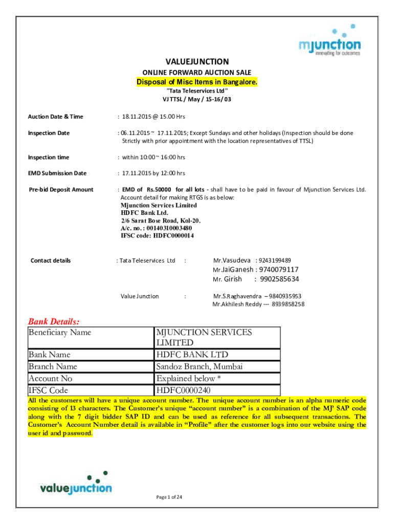 Fillable Online VALUEJUNCTION Bank Details: Beneficiary Name MJUNCTION ...