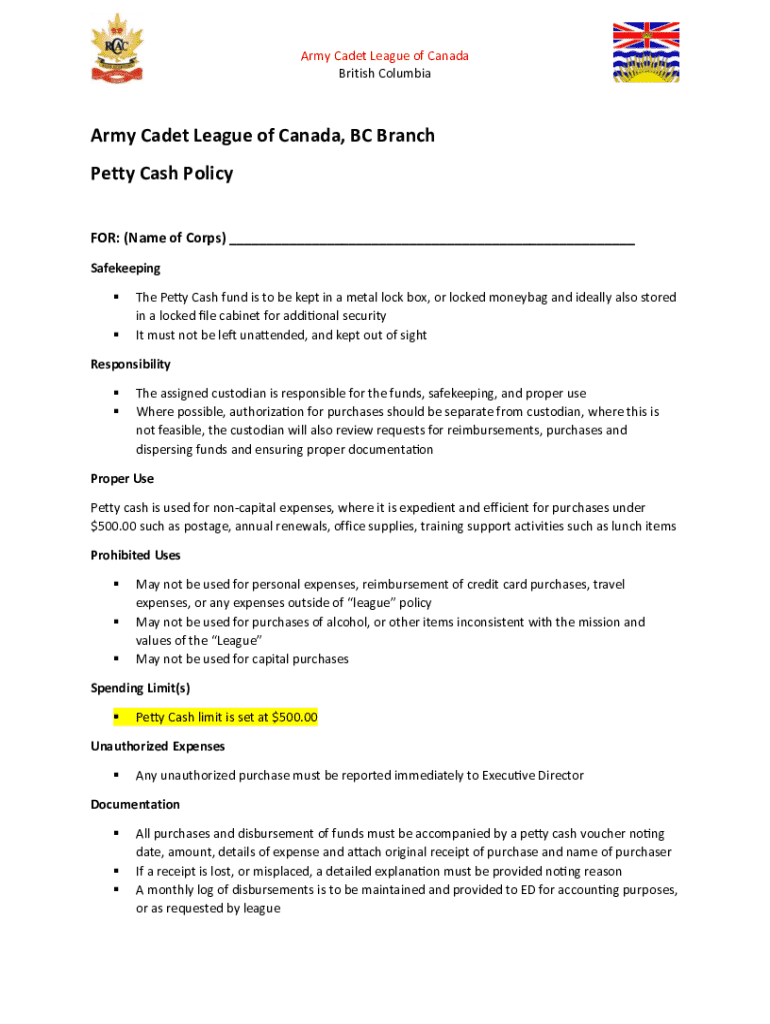 Fillable Online Petty Cash Policy 2023 - Army Cadet League of Canada Bc Branch Fax Email Print ...