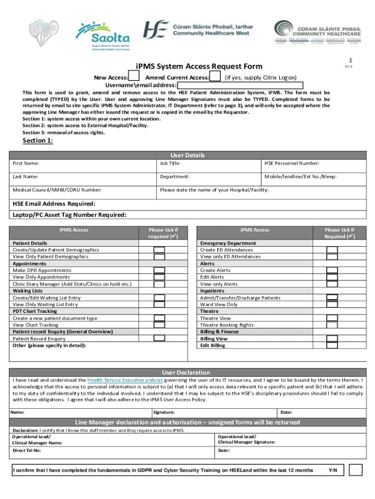 Fillable Online Ipms System Access Request Form 2023 | Health Service Executive Fax Email Print ...