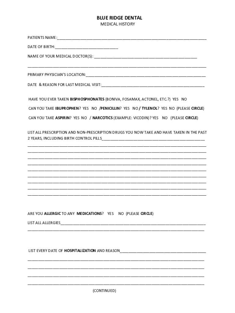 Fillable Online Medical History - Blue Ridge Dental Fax Email Print - pdfFiller
