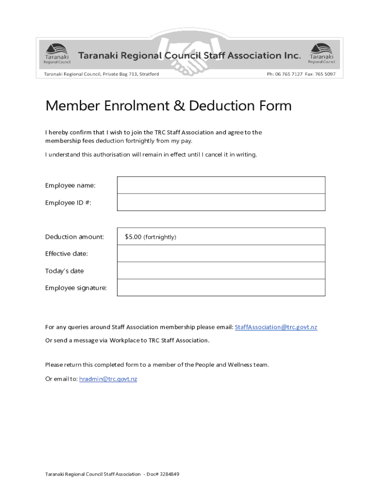 Fillable Online Member Enrolment and Deduction Form - TRCSA Fax Email Print - pdfFiller