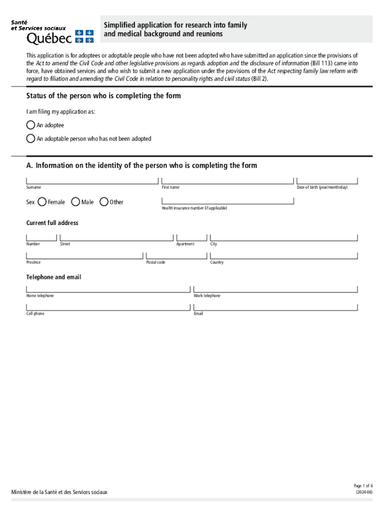 Fillable Online Simplified application for research into family and medical background and ...