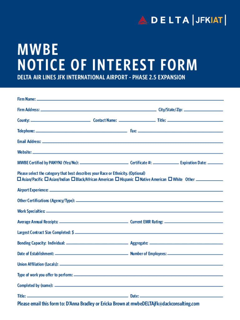 Fillable Online MWBE NOTICE OF INTEREST FORM Fax Email Print - pdfFiller