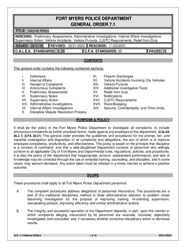 Fillable Online FORT MYERS POLICE DEPARTMENT GENERAL ORDER 7.1 Fax ...