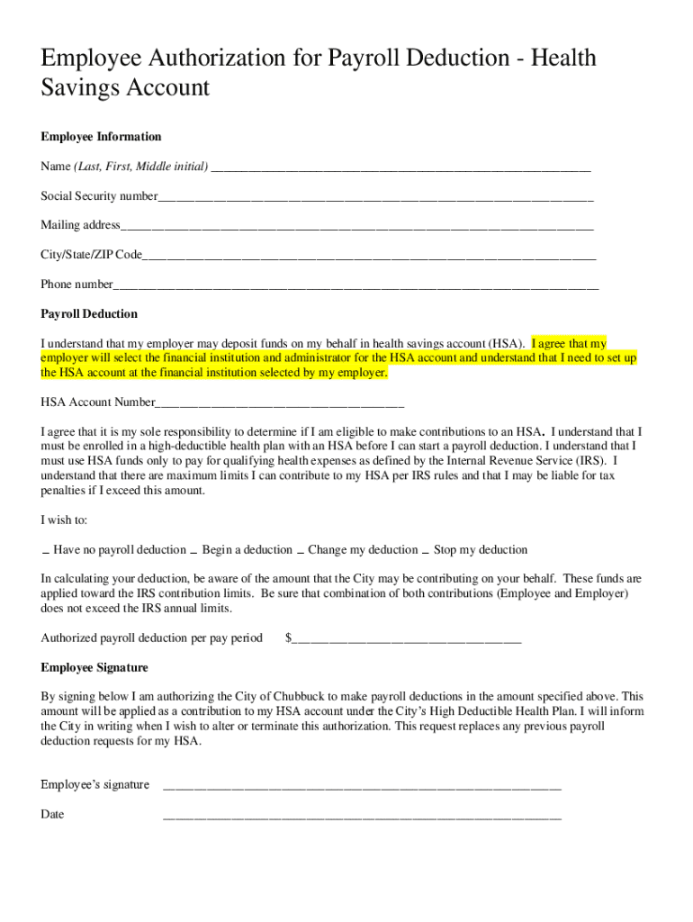 Fillable Online Employee Payroll Deduction Authorization for Hsa 2023 Fax Email Print - pdfFiller