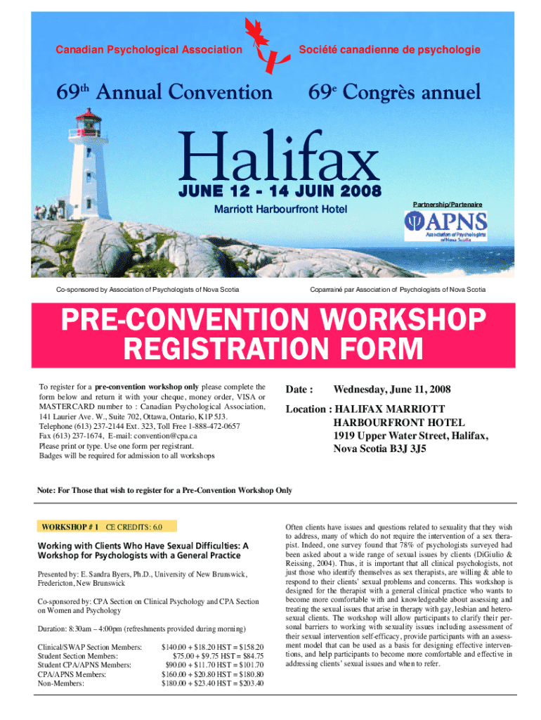 Fillable Online Pre-convention Workshops Registration - Canadian Psychological Association 2008 ...