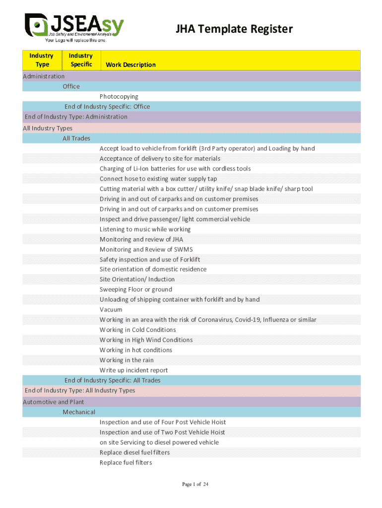 Fillable Online JSEAsy v4.5 JHA Template Register. This is a register ...