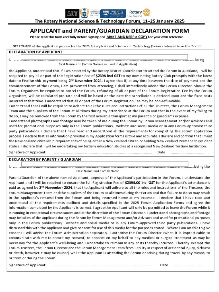 Fillable Online APPLICANT and PARENT/GUARDIAN DECLARATION FORM Fax ...