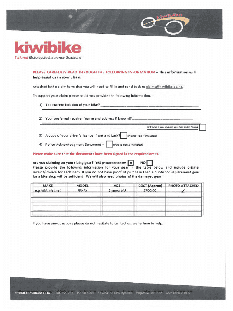 Fillable Online Filing a motorcycle insurance claim friend borrowed my ...