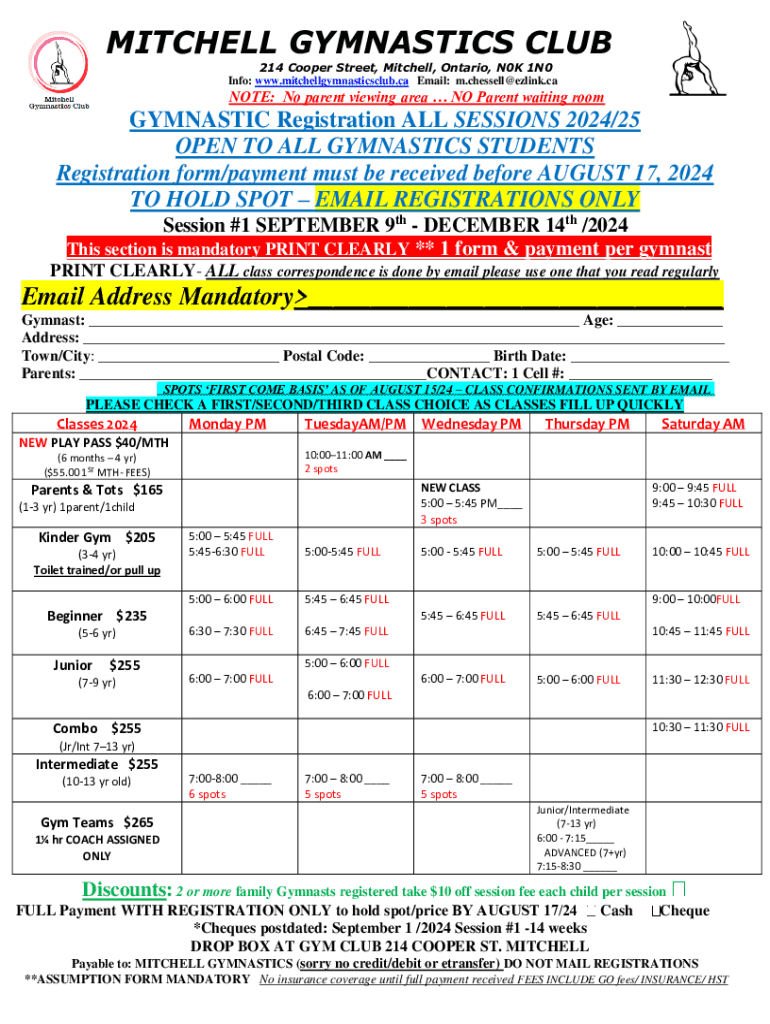 Fillable Online Mitchell Gymnastics Registration Process for Fall/winter/spring 2024/2025 Fax ...