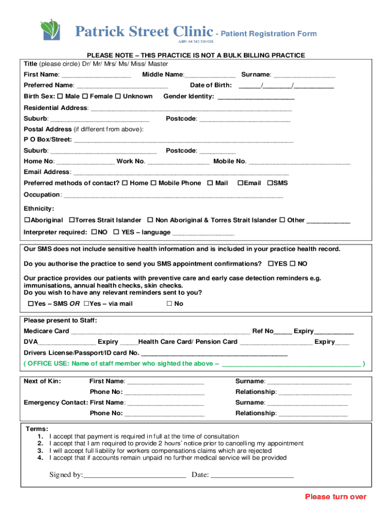 Fillable Online Patient Registration Form - Patrick Street Clinic 2023 ...