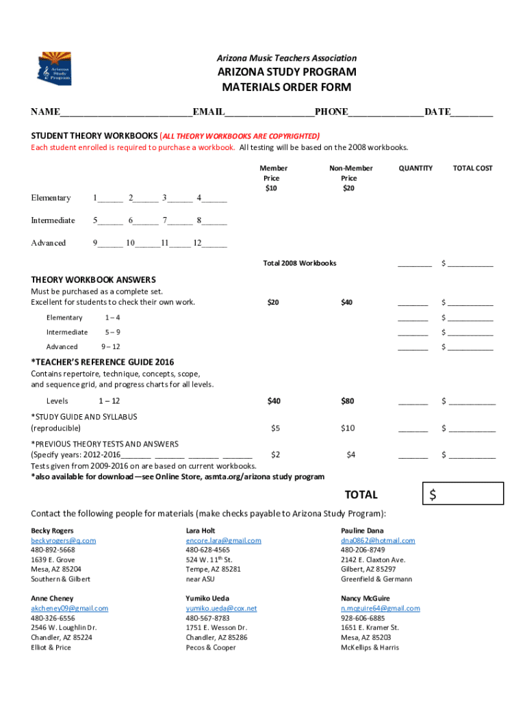 Fillable Online Arizona Study Program Materials Order Form Fax Email ...