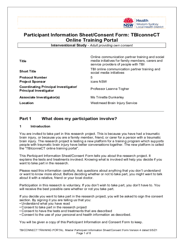 Fillable Online Participant Information Sheet/Consent Form: TBIconneCT Online ... Fax Email ...