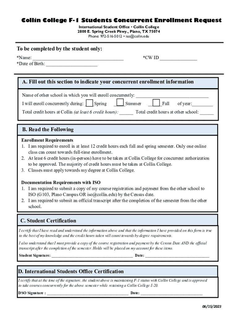 Fillable Online Collin College F-1 Students Concurrent Enrollment ...