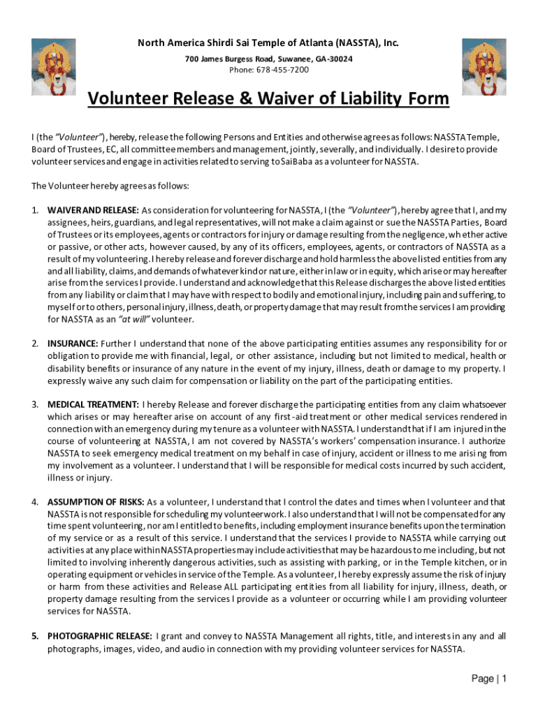 Fillable Online Volunteer Release & Waiver of Liability Agreement Fax Email Print - pdfFiller